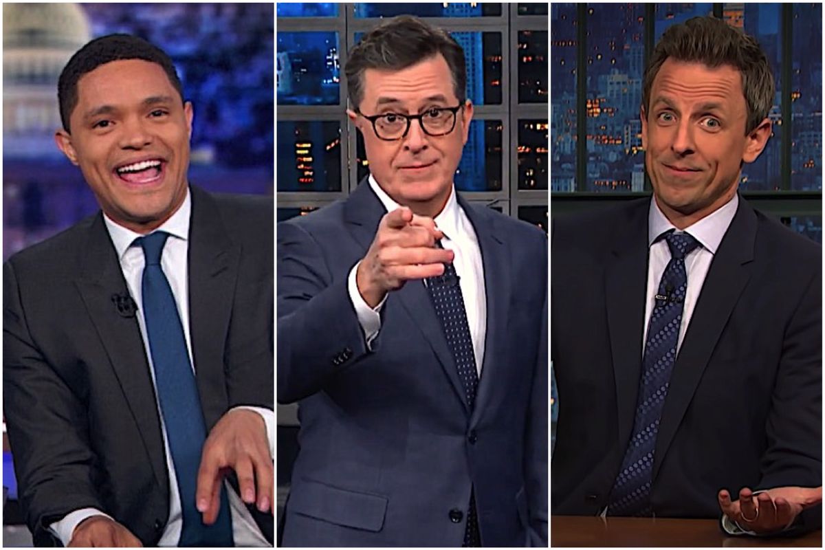 Stephen Colbert, Trevor Noah, and Seth Meyers bemusedly check in on ...