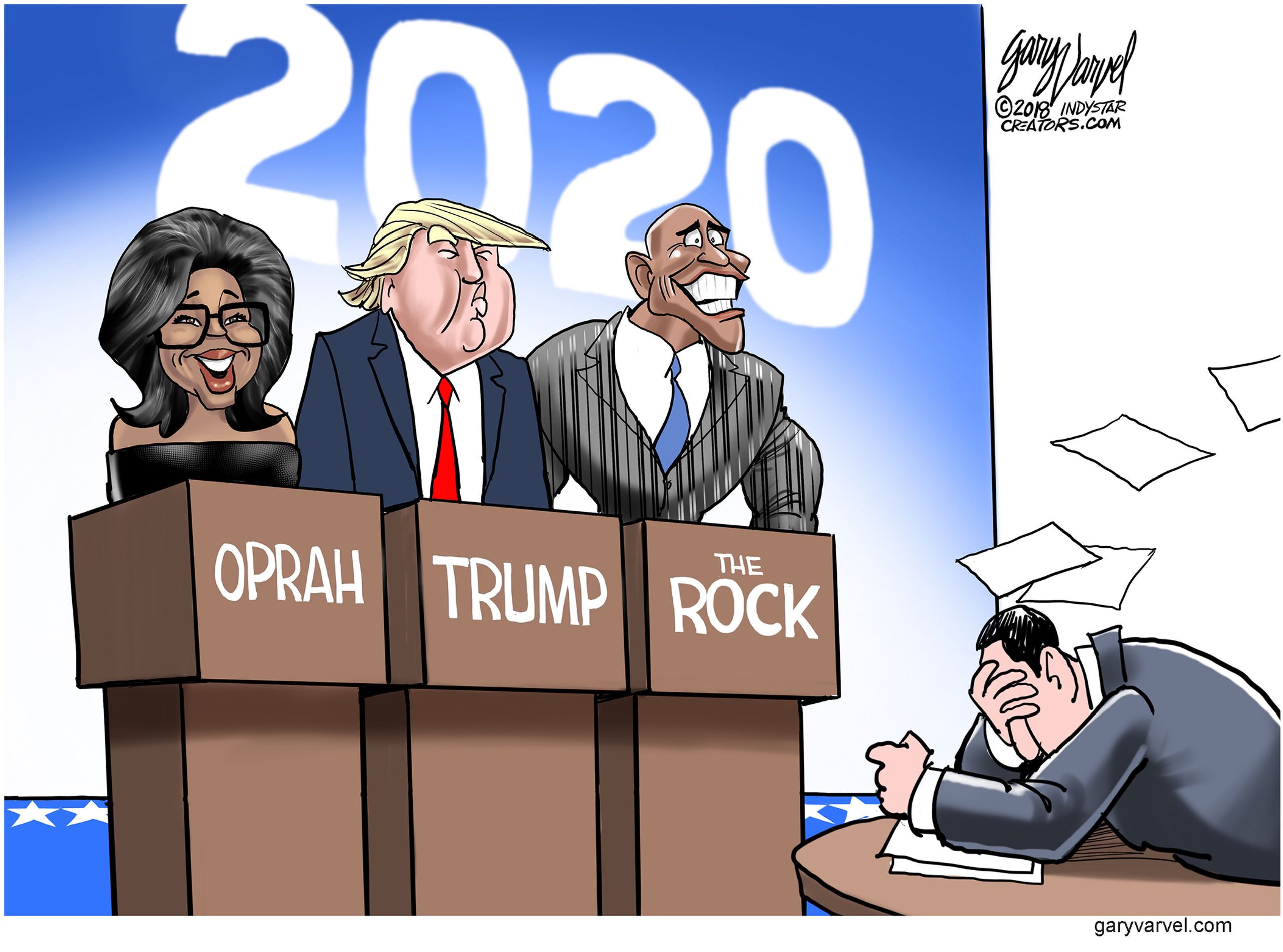 Political cartoon U.S. Oprah 2020 election Trump The Rock Hollywood ...
