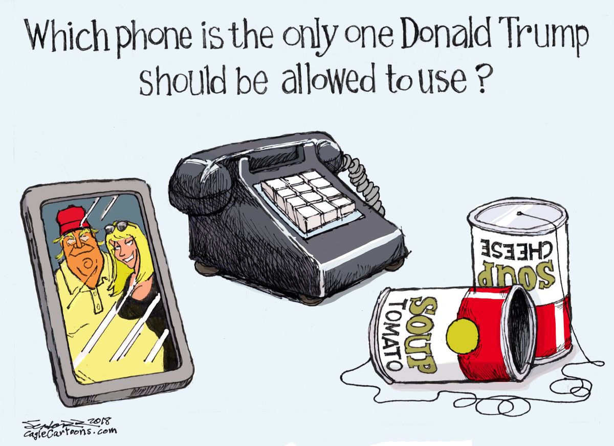 Political cartoon U.S. Trump telephone soup cans landline iPhone ...