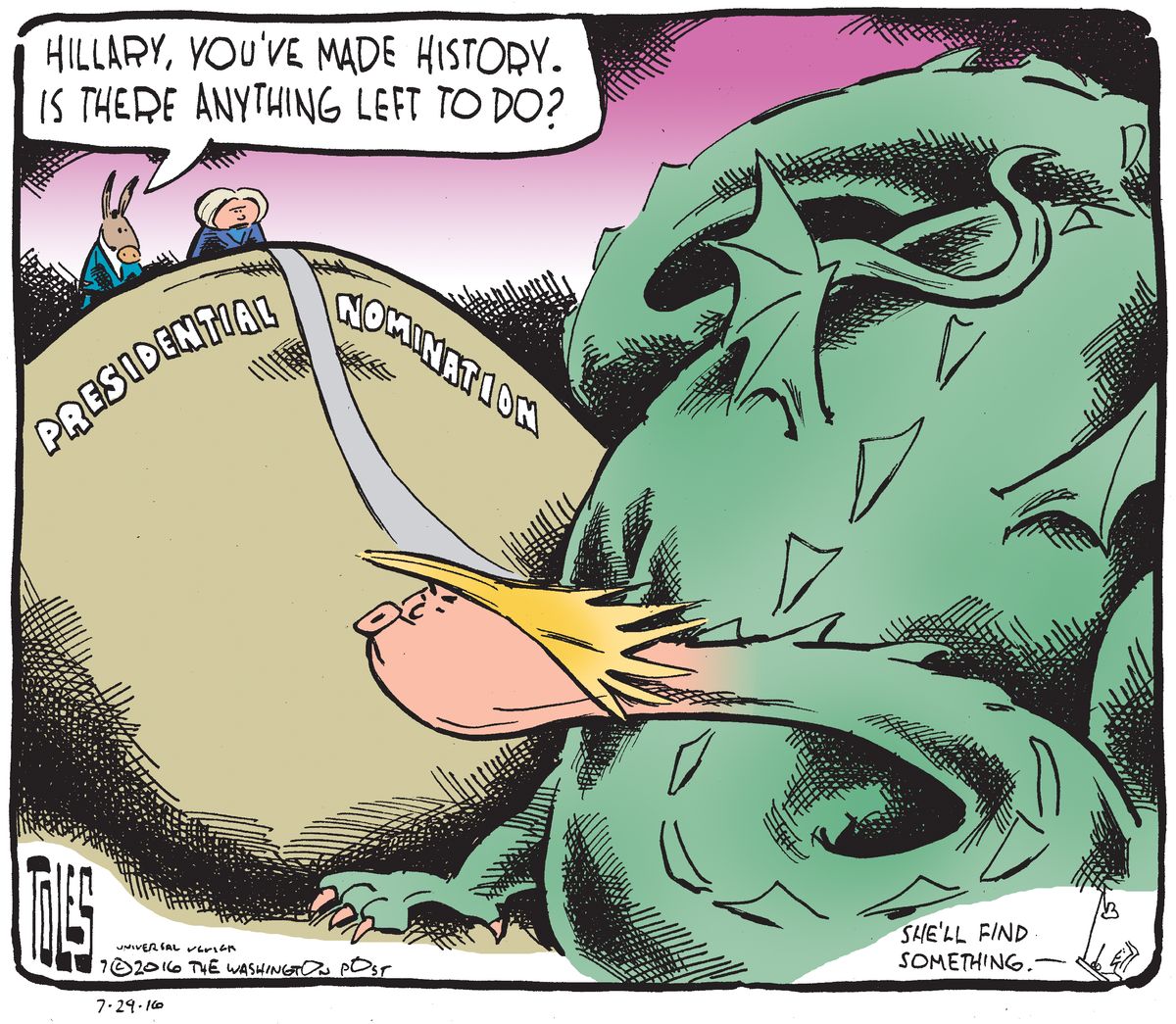 Political cartoon U.S. Hillary Clinton nomination Donald Trump monster ...