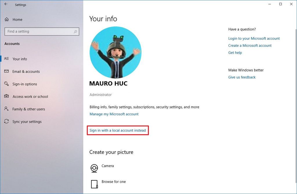 How to switch to a local account from a Microsoft account on Windows 10 ...