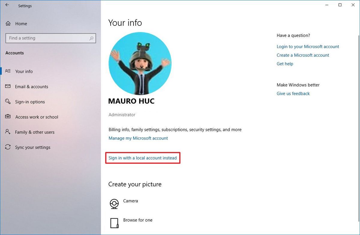 How to switch to a local account from a Microsoft account on Windows 10 ...