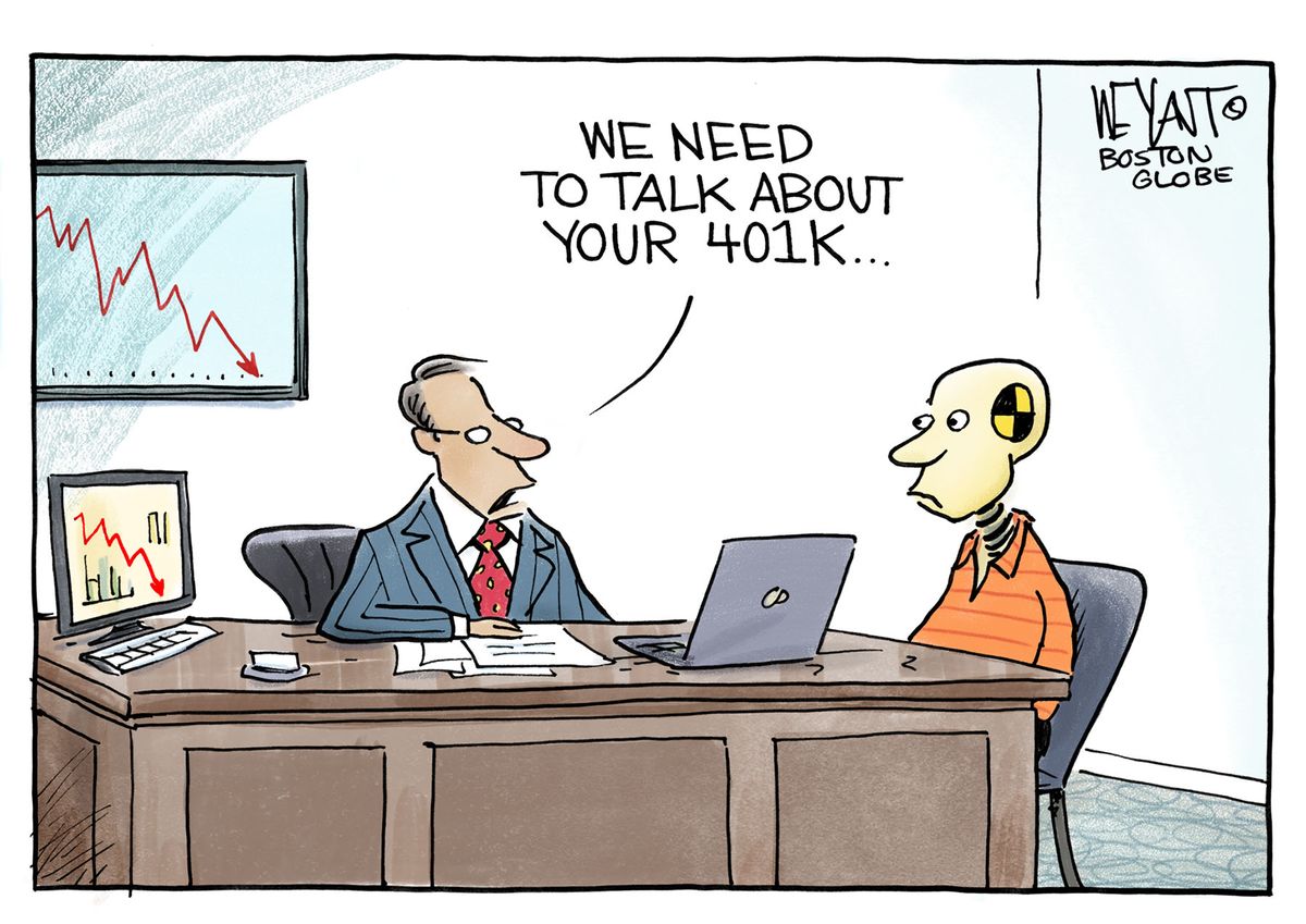 Political cartoon U.S. crash dummy 401k stock market trade war | The Week