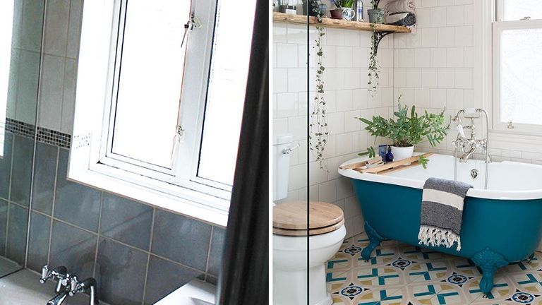 Bathroom makeover with upcycled vanity unit and matching blue floor ...