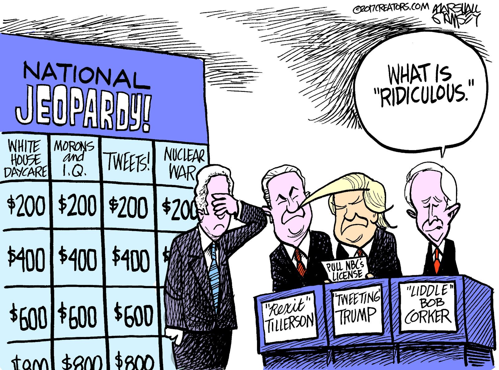 Political cartoon U.S. Trump Rex Tillerson Bob Corker jeopardy | The Week