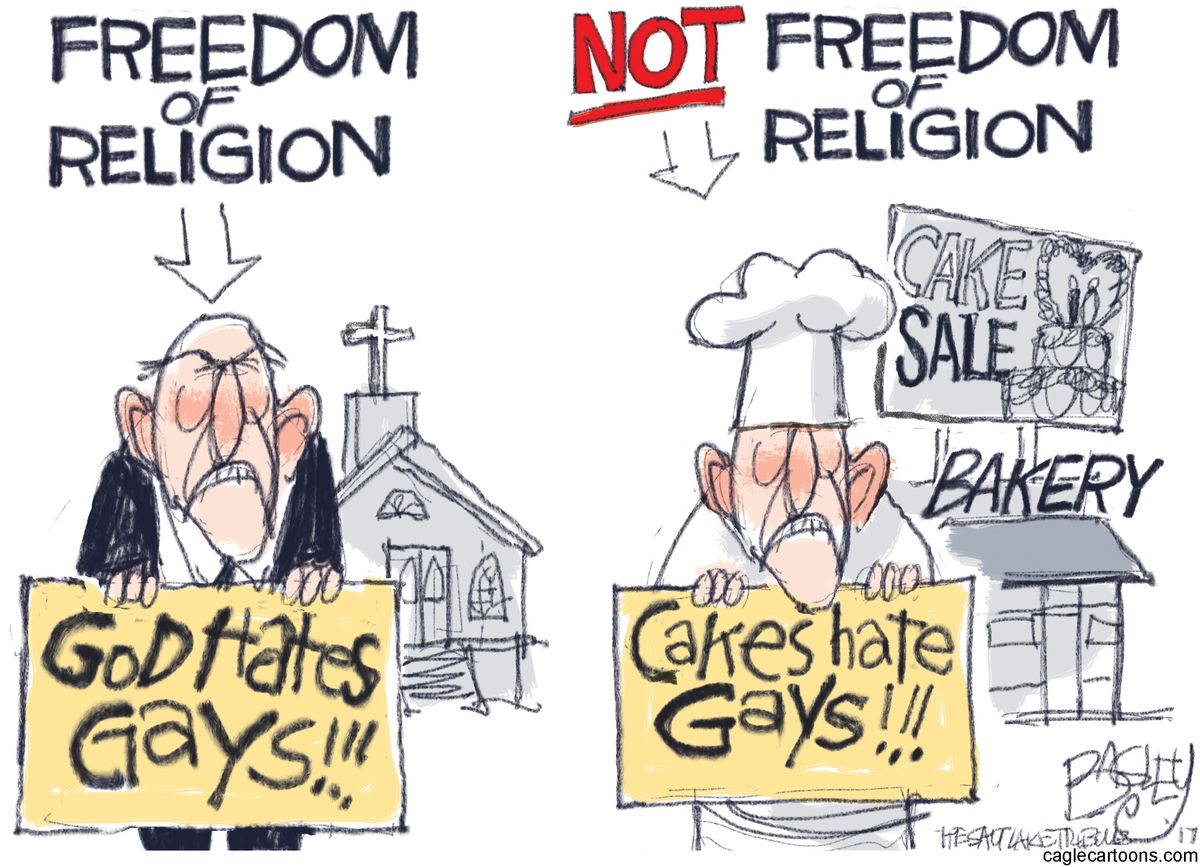 Political cartoon U.S. LGBTQ rights religious freedom wedding cake ...