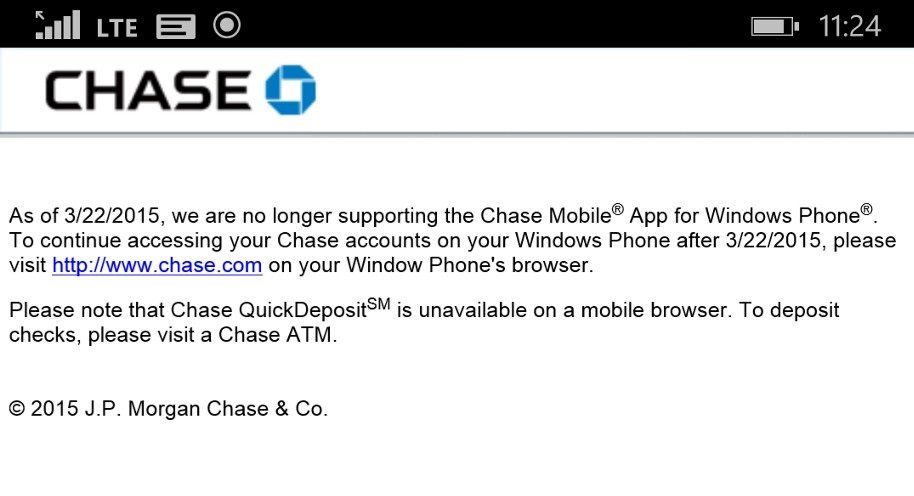 The Chase Bank app no longer works for Windows Phone as support is now ...