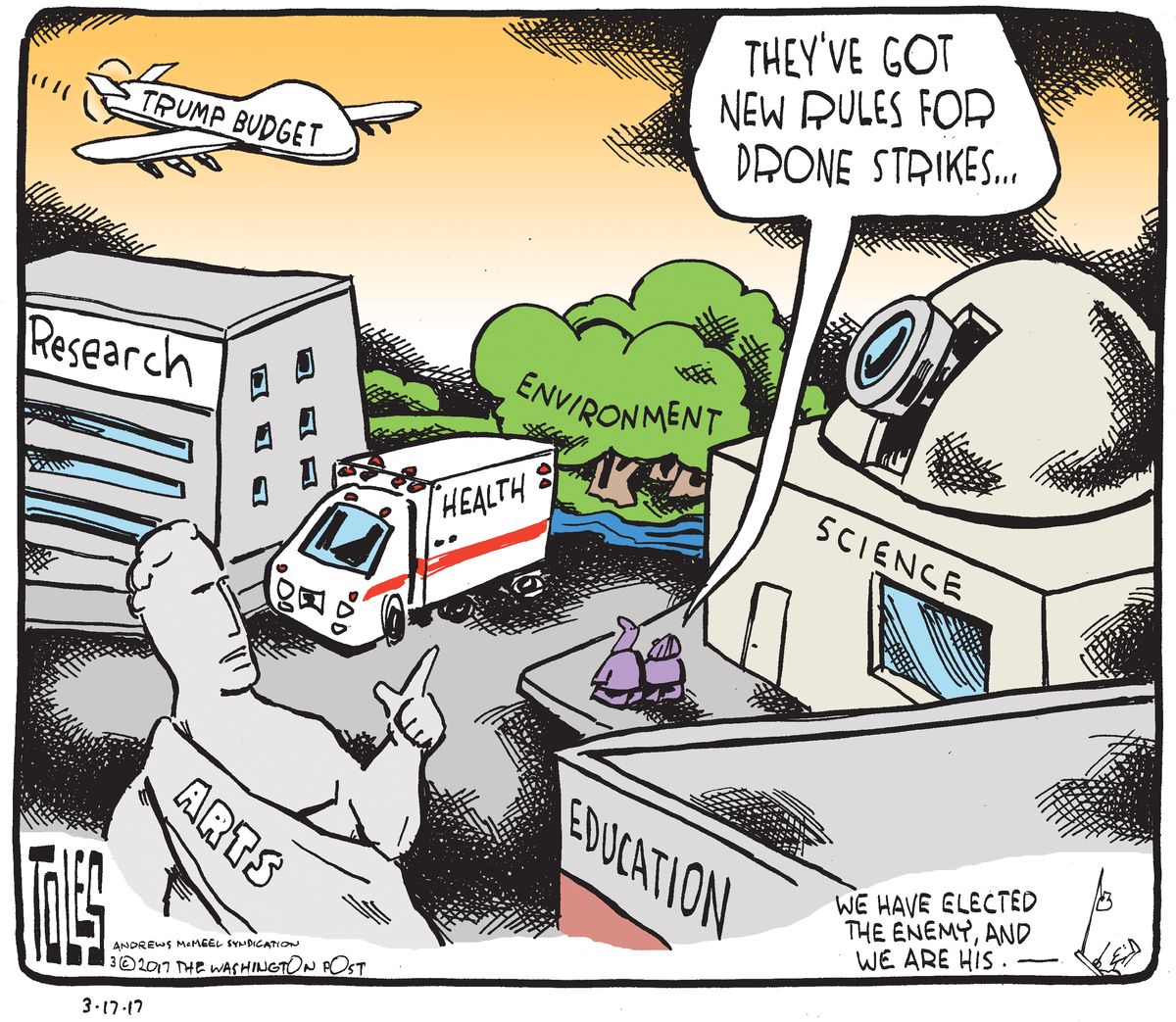 Political Cartoon U.S. Trump Drone strikes Buget cuts EPA Arts Military ...