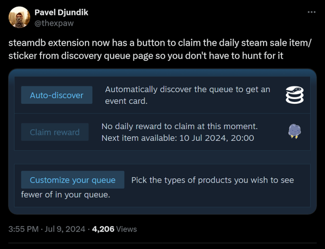 SteamDB's browser extension now lets you claim Steam discovery queue rewards without actually ...