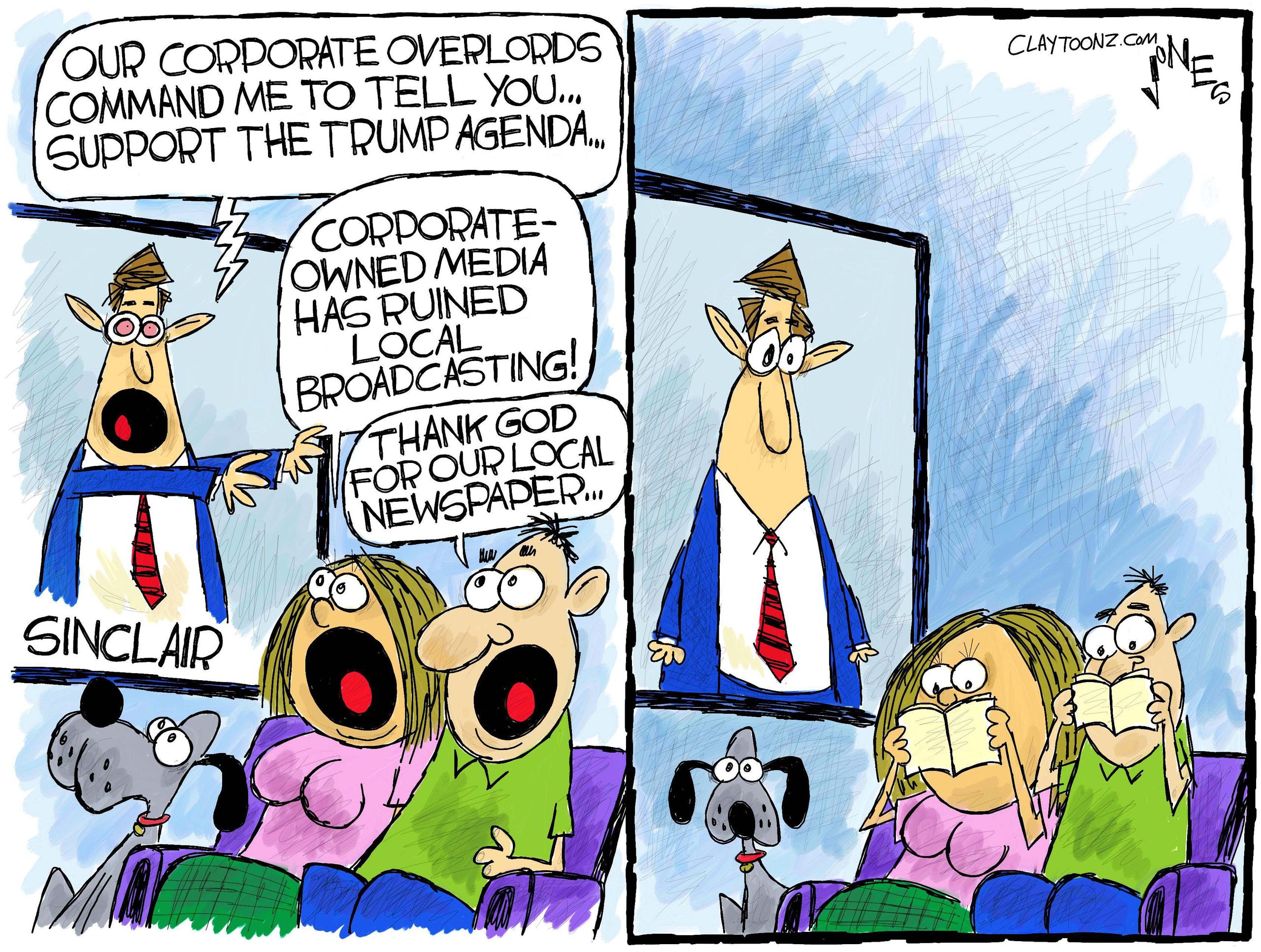 Political cartoon U.S. Sinclair Broadcasting anchor script corporate ...