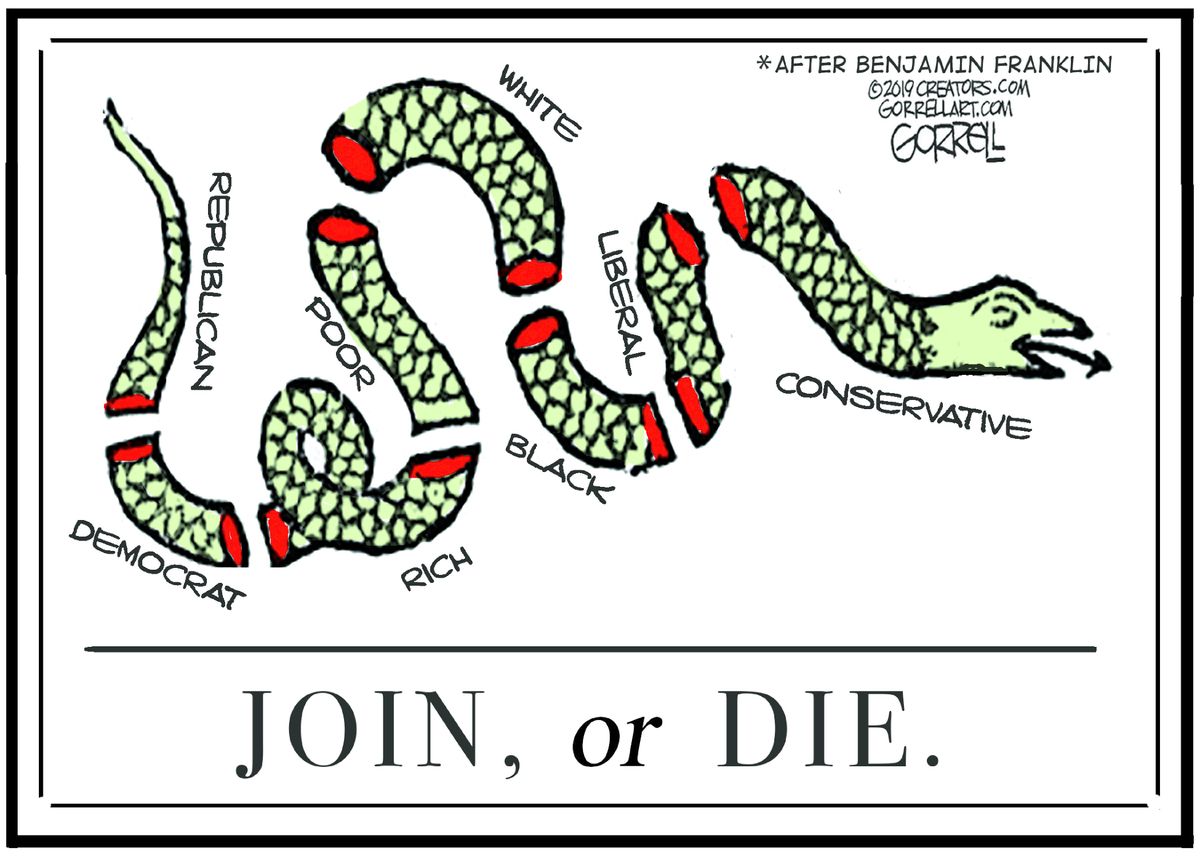 Political cartoon U.S. join or die polarization | The Week