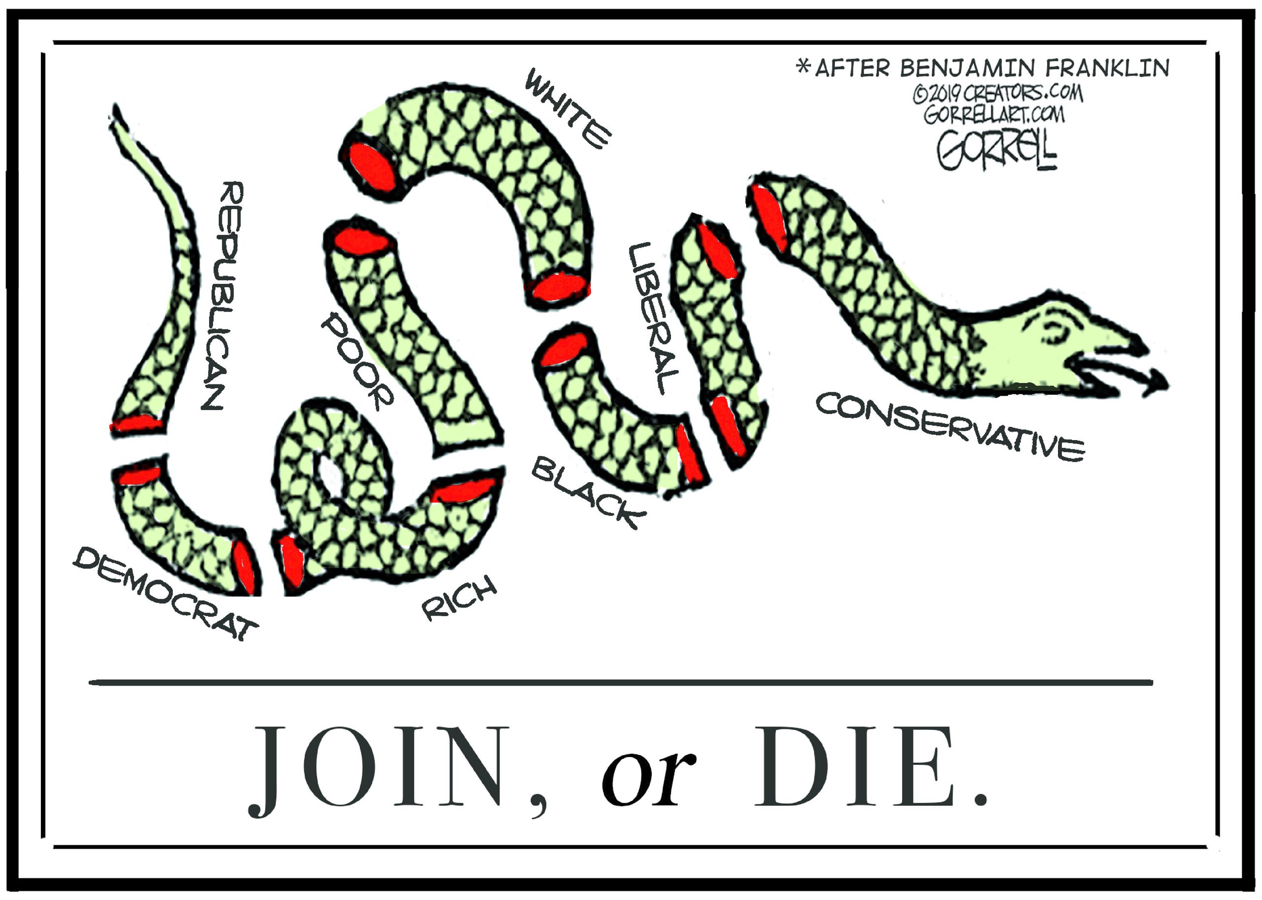 Political cartoon U.S. join or die polarization | The Week