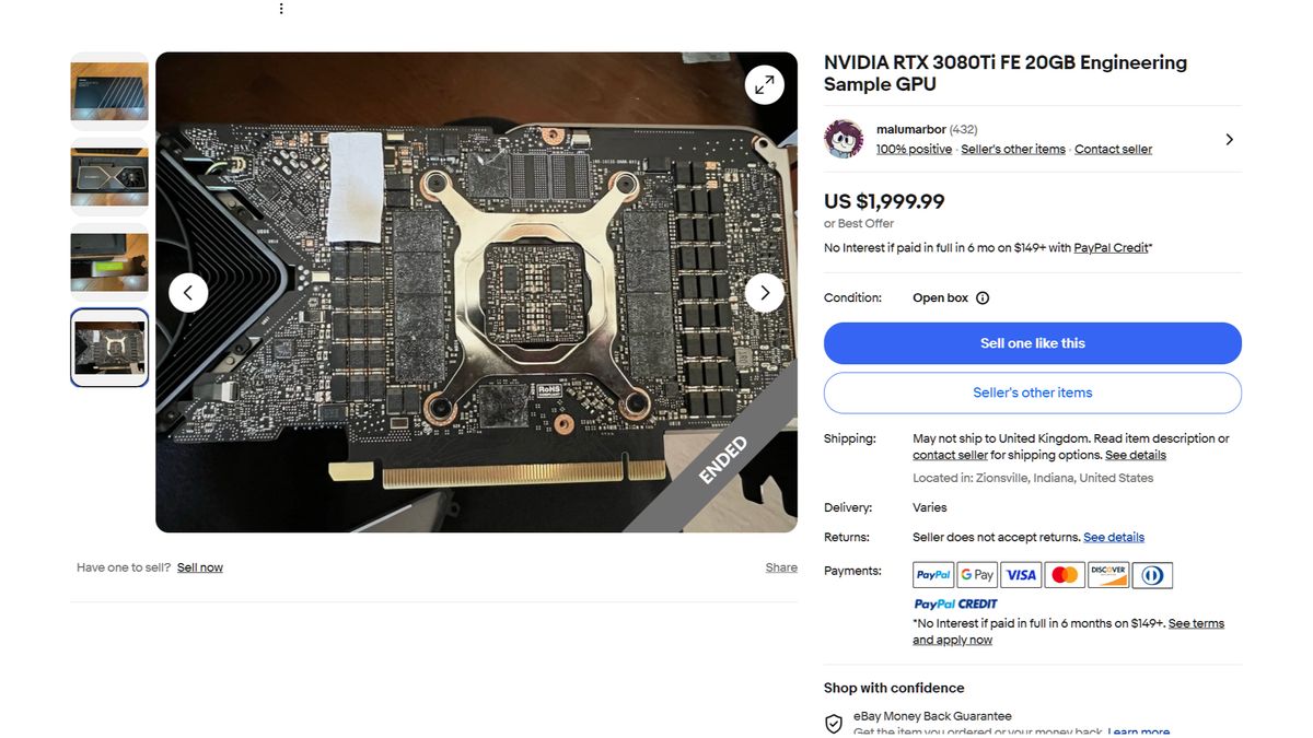 An RTX 3080 Ti 20 GB engineering sample has been spotted on eBay for $2,000, proving Nvidia ...