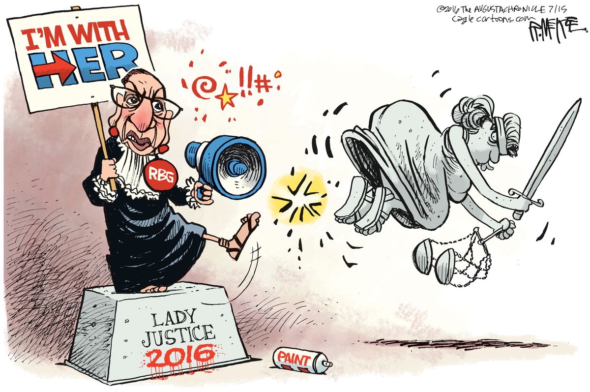Political cartoon U.S. Ginsburg Trump mouth Lady Justice | The Week
