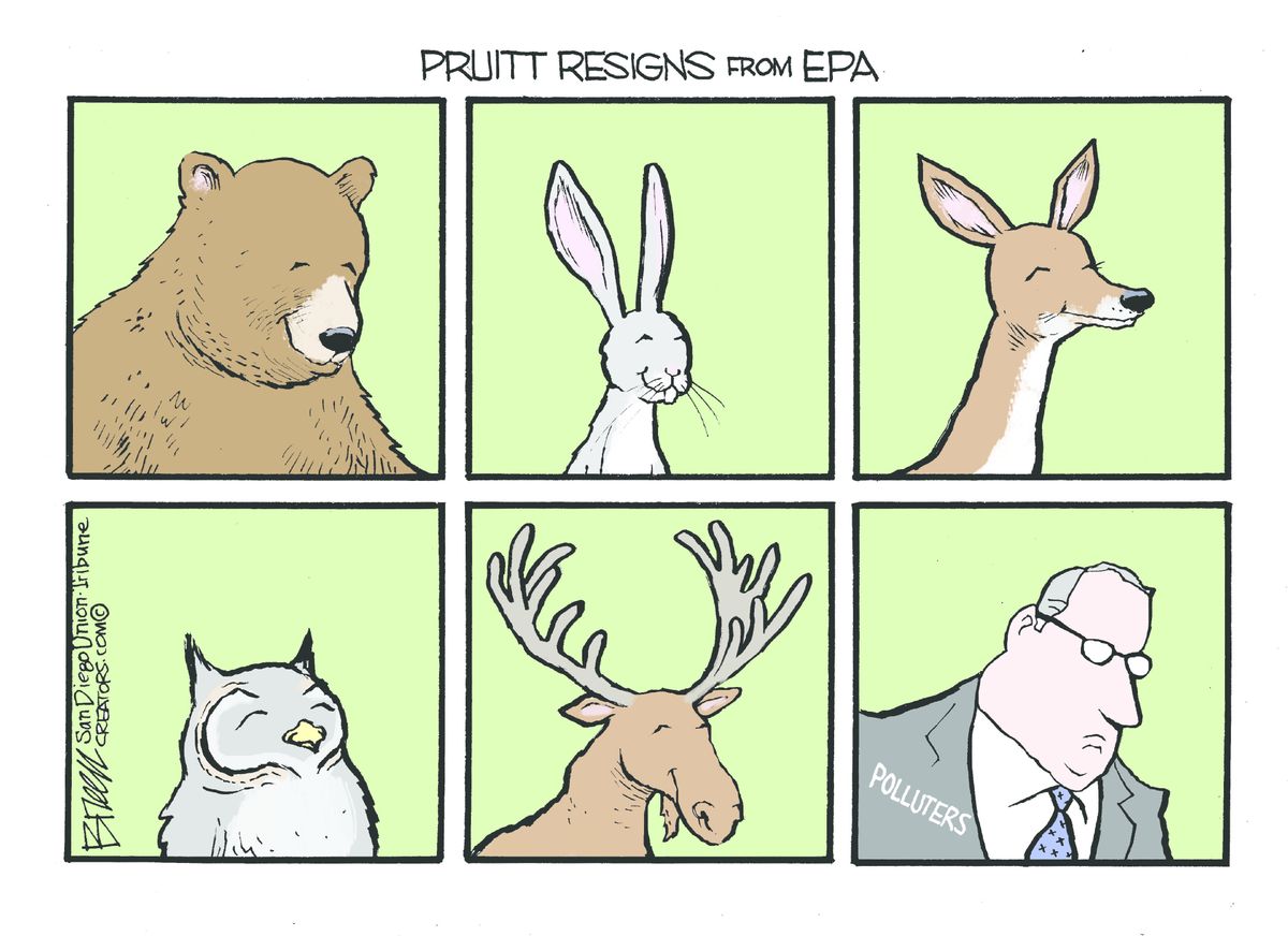 Political cartoon U.S. Scott Pruitt EPA resignation animals polluters ...