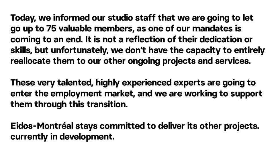 Eidos Montreal lays off more employees: 'We don’t have the capacity to entirely reallocate them ...