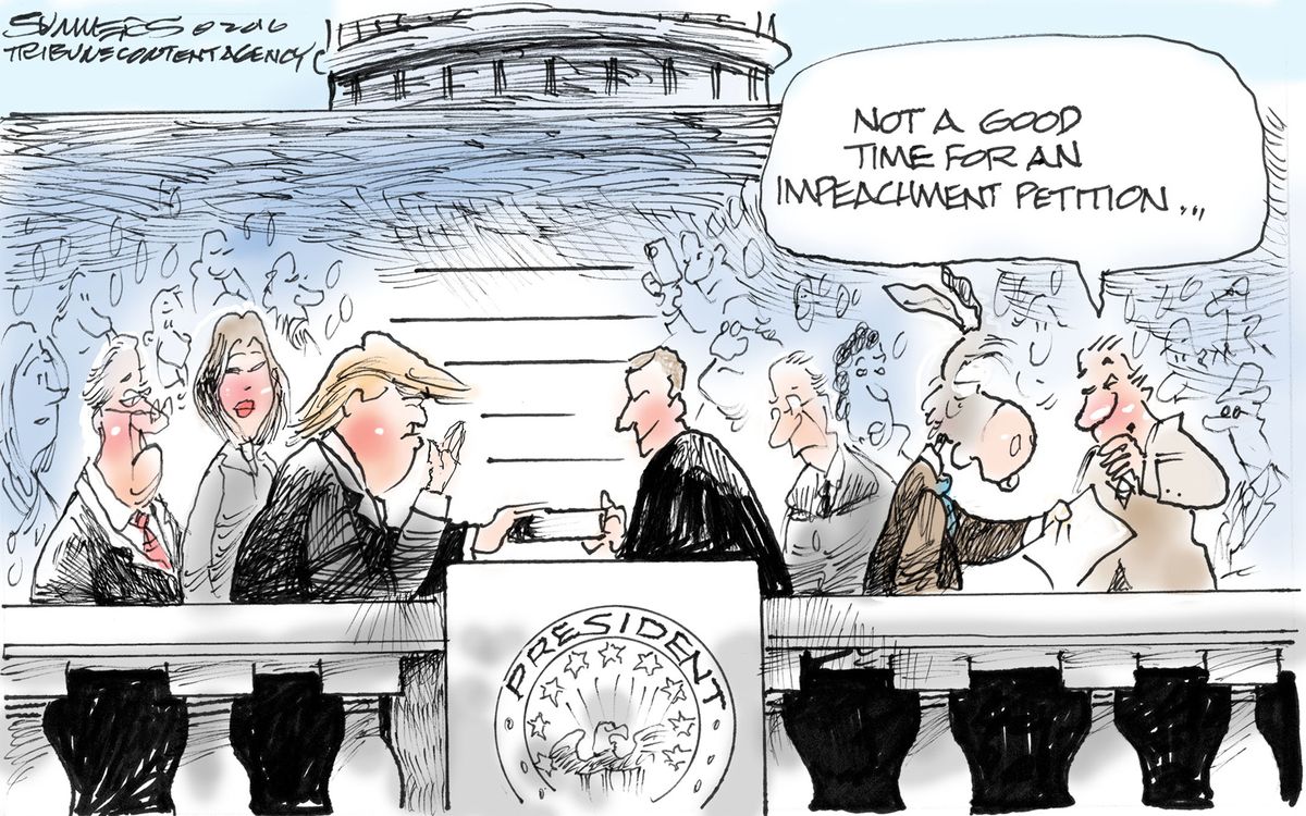 Political cartoon U.S. Donald Trump inauguration Democrats impeachment ...