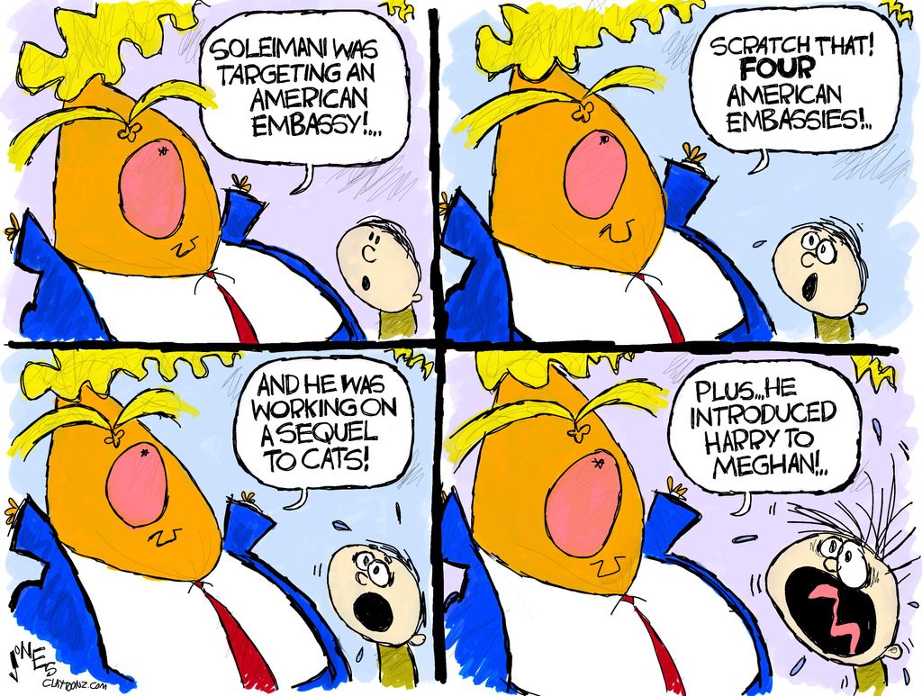 Political Cartoon U.S. Trump Iran lies Harry Meghan Megxit Cats | The Week
