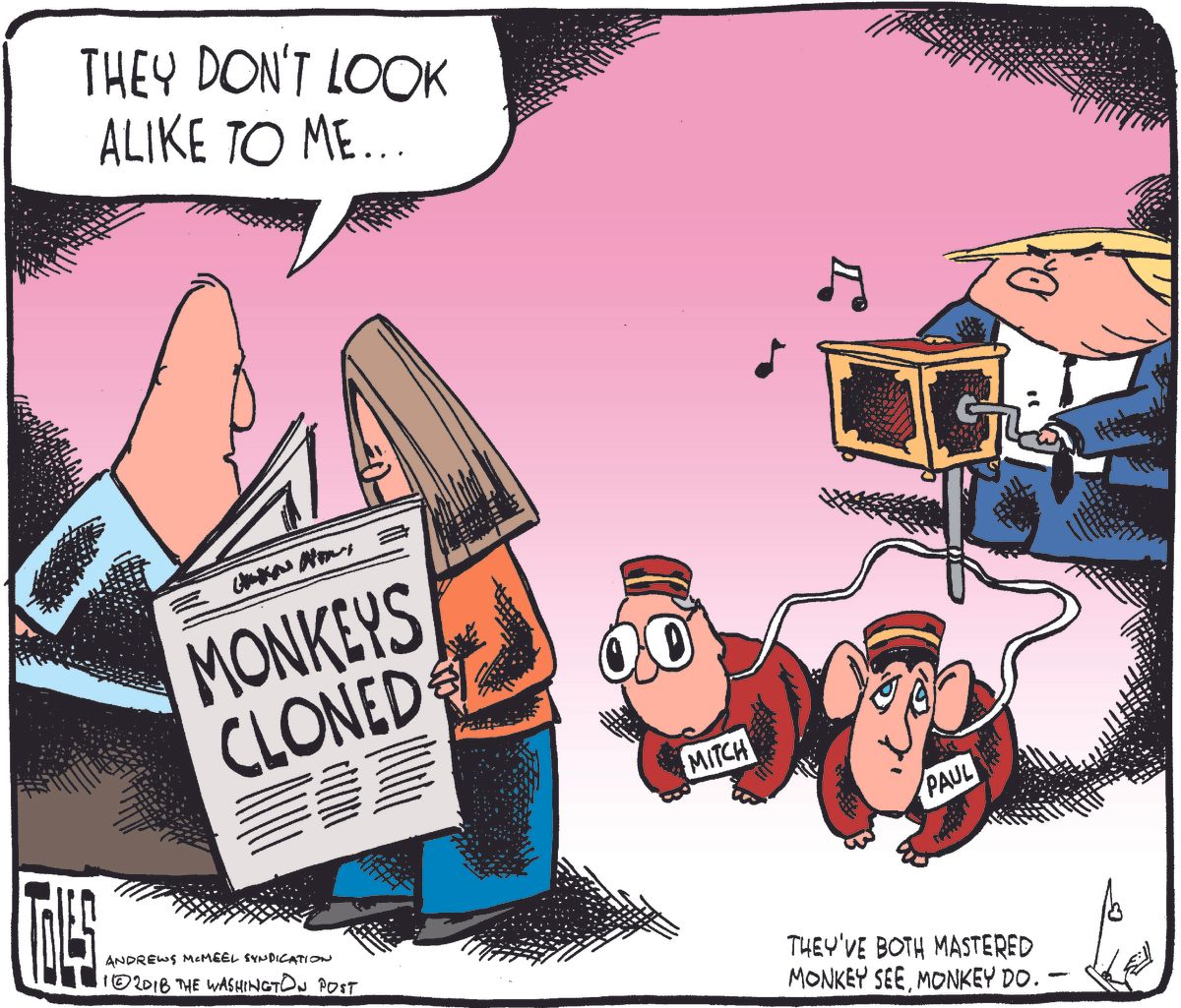 Political cartoon U.S. Trump Mitch McConnell Paul Ryan monkey clones ...