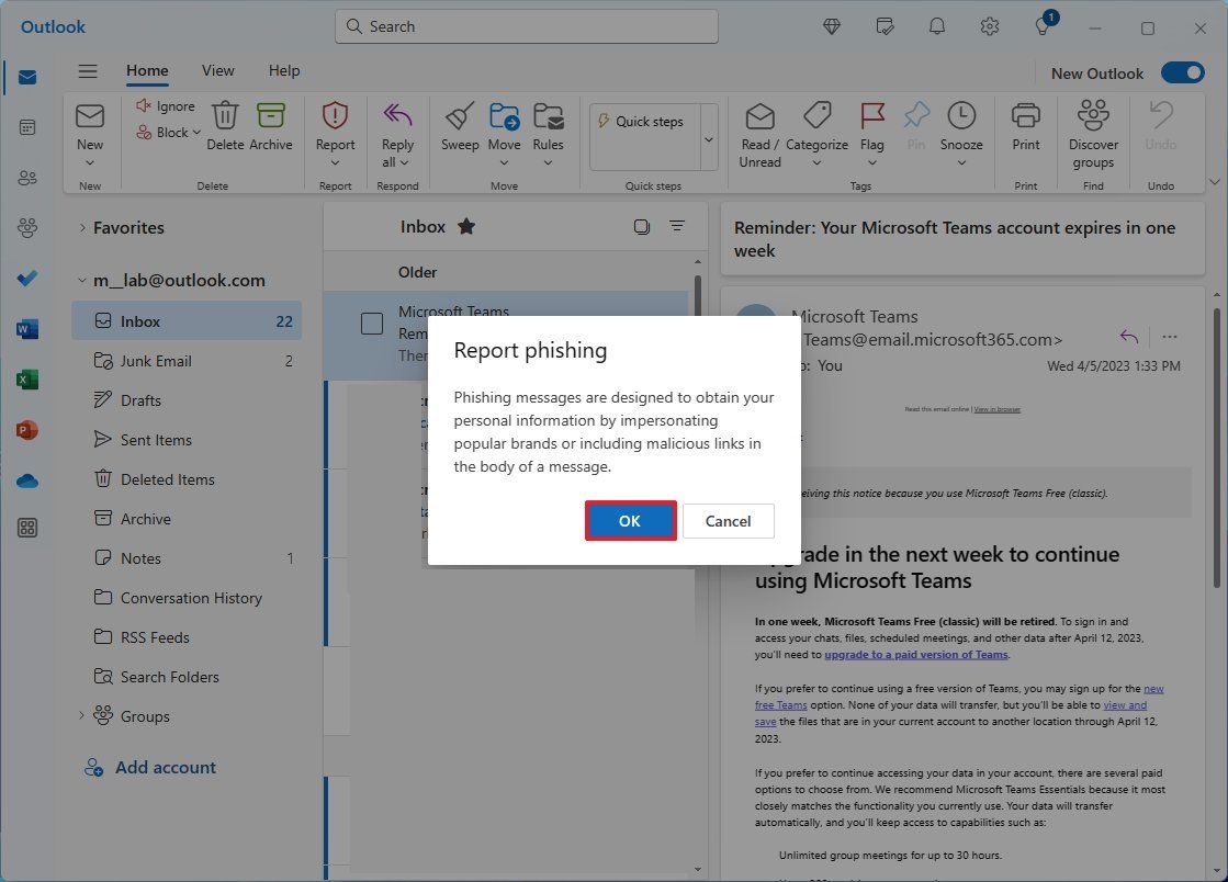 How to report phishing emails to Microsoft in Outlook for Windows 11 ...
