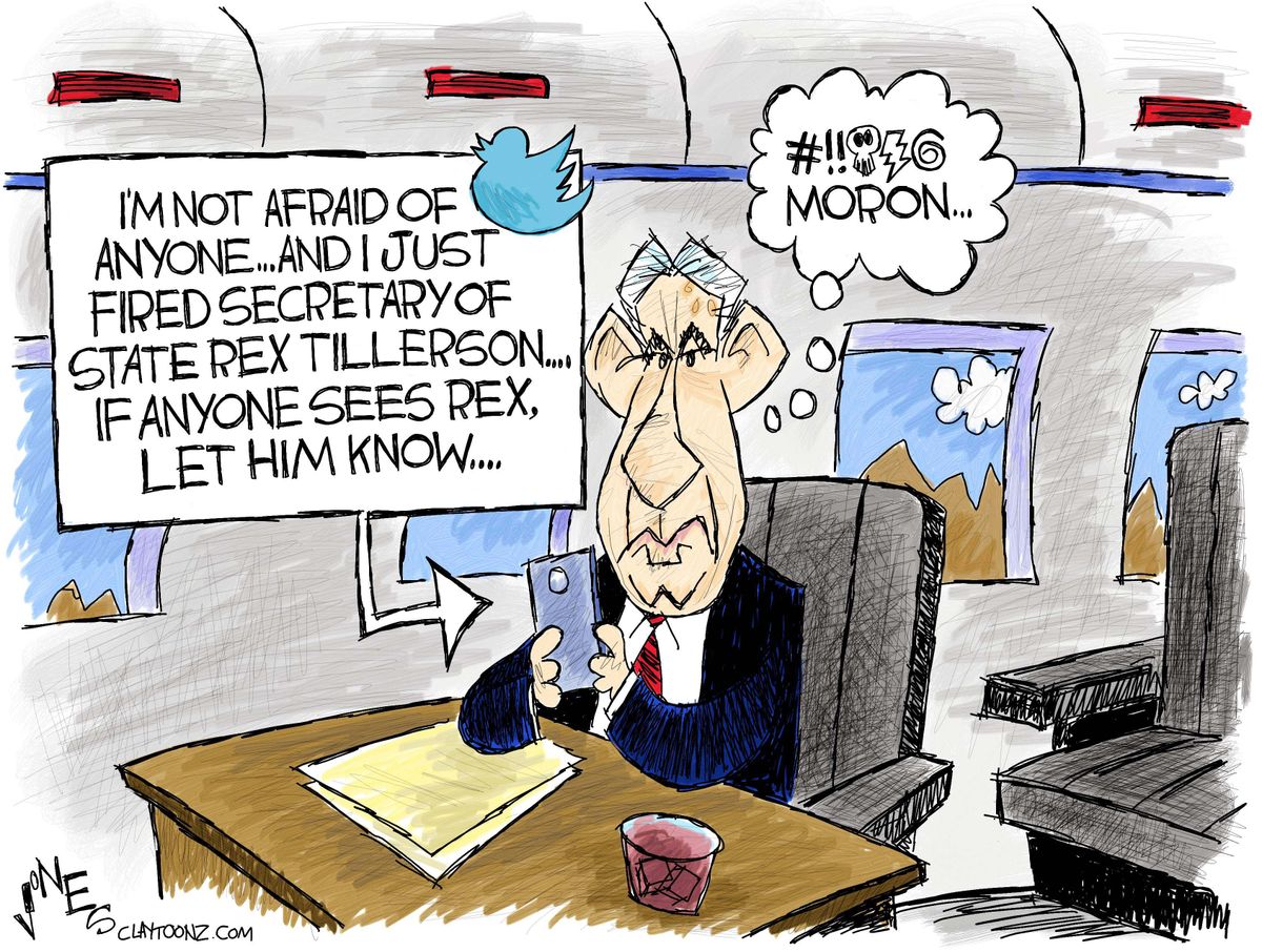 Political cartoon U.S. Rex Tillerson firing Trump tweet | The Week