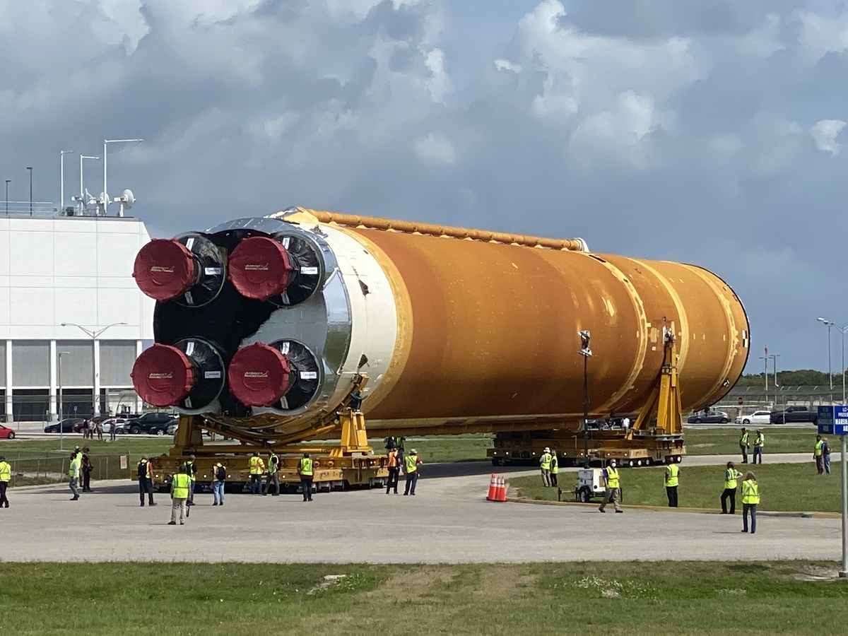 In photos: NASA's SLS megarocket core stage arrives in Florida for 1st ...