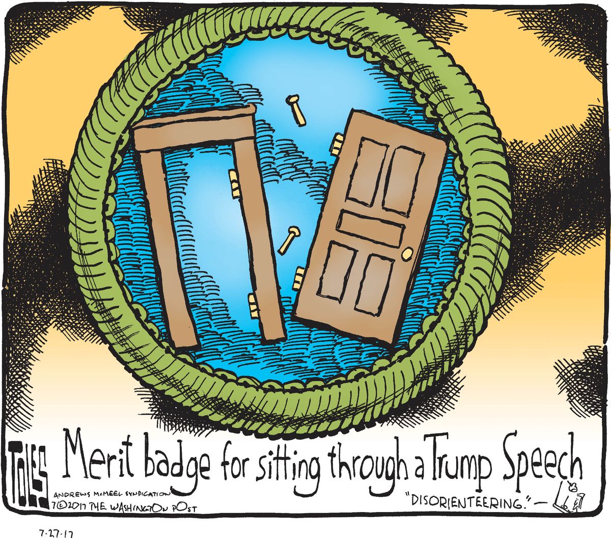 Political cartoon U.S. Trump speech boy scouts merit badge | The Week
