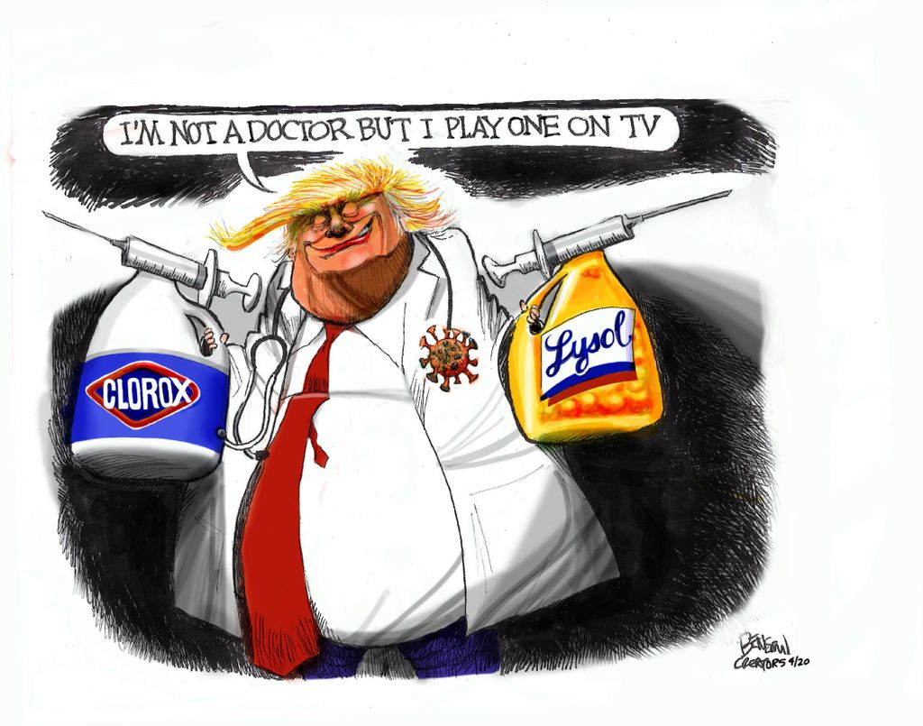 Political Cartoon U.S. Trump plays TV doctors Clorox Lysol injection | The Week