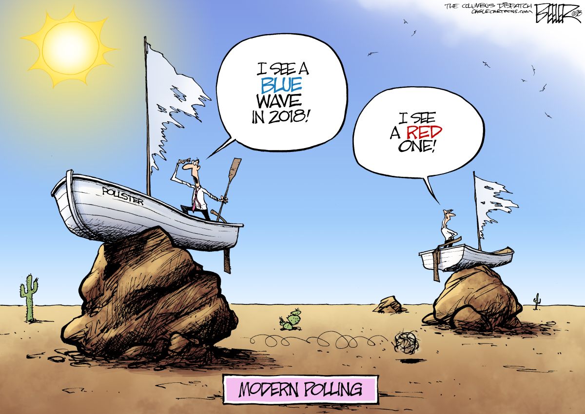 Political cartoon U.S. midterm elections blue red wave political polls ...
