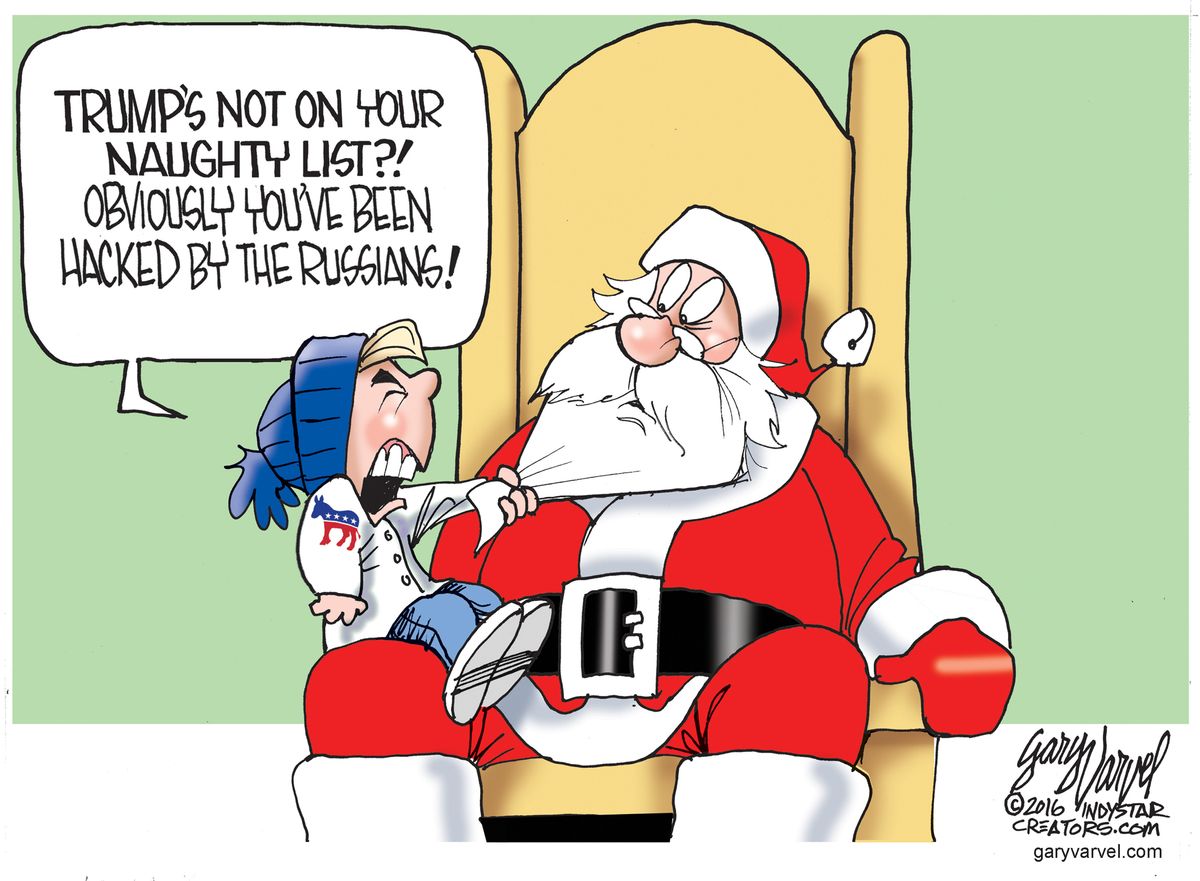 Political cartoon U.S. Donald Trump Russia hacking Christmas holiday ...