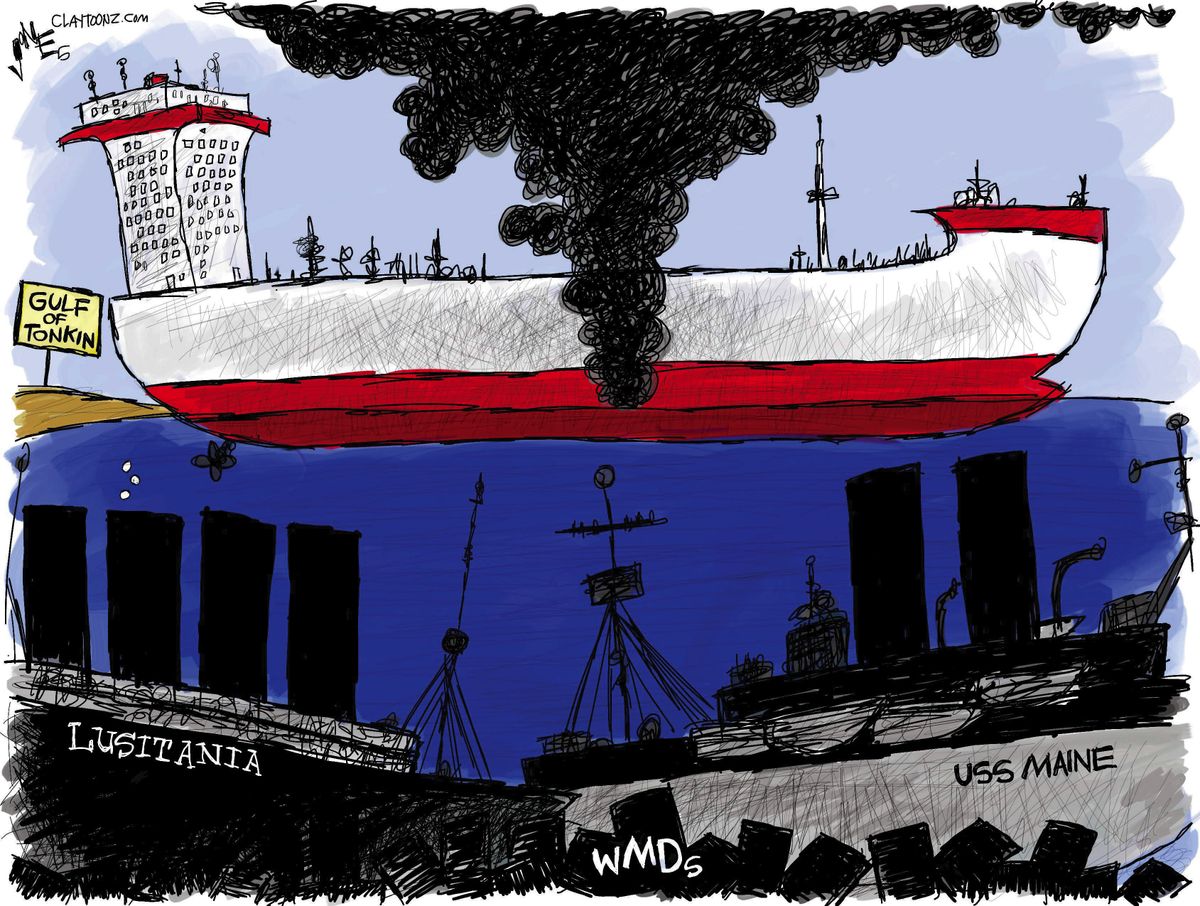 Political Cartoon U.S. Gulf of Tonkin USS Maine Sinking Ship Lusitania ...