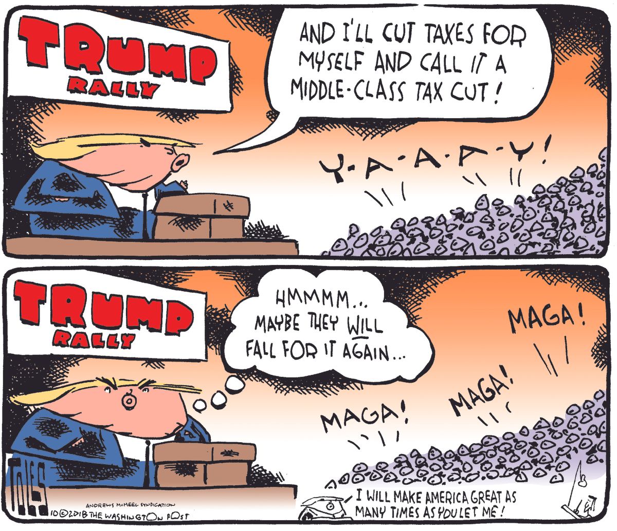 Political cartoon U.S. Trump rally middle class tax cut MAGA | The Week