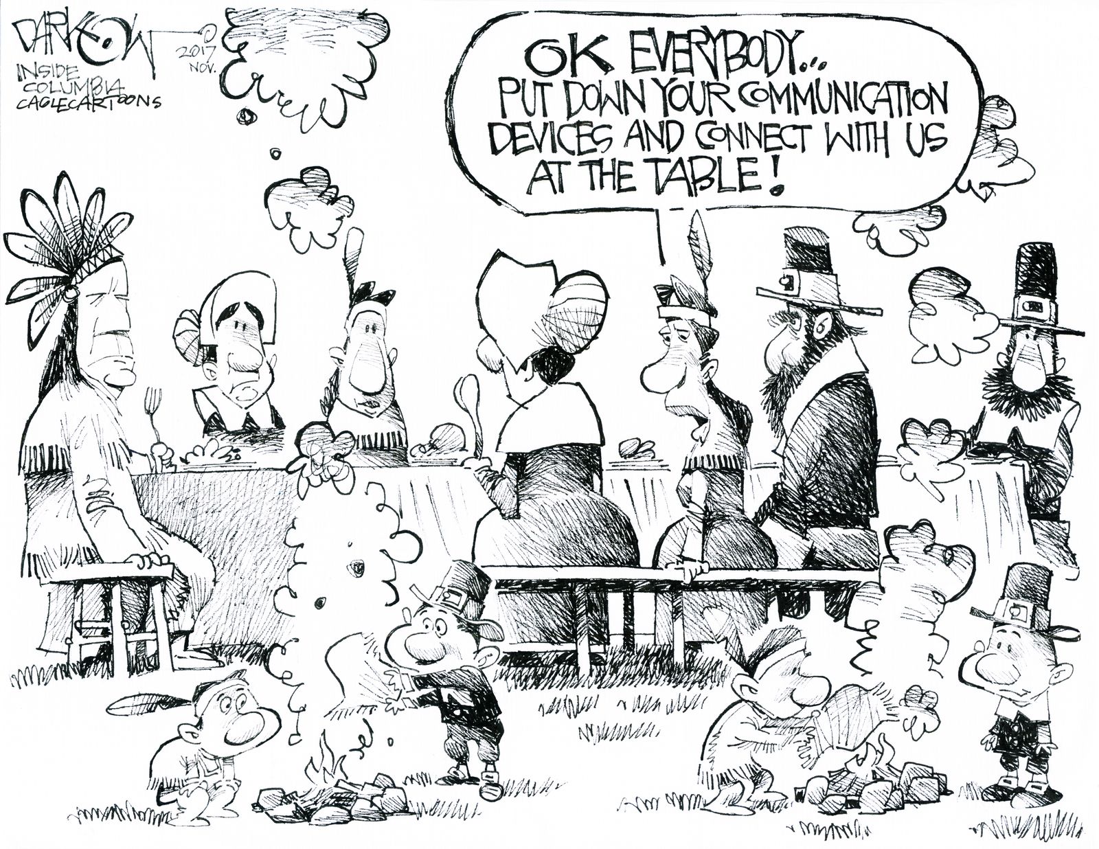 Political cartoon U.S. Thanksgiving technology social media addiction ...
