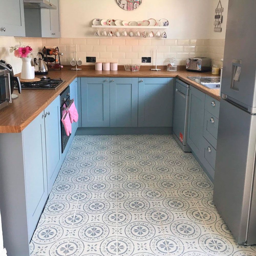 Before and after: grey kitchen with DIY Fablon worktops and stencilled ...