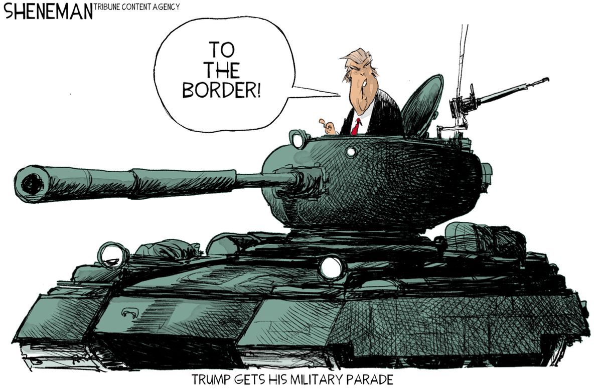Political cartoon U.S. Trump migrant caravan border military parade ...