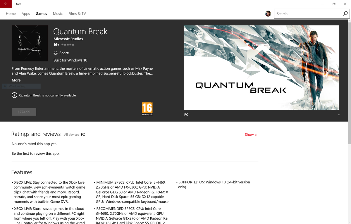 Quantum Break appears on the Windows 10 Store, but you can't buy it yet ...