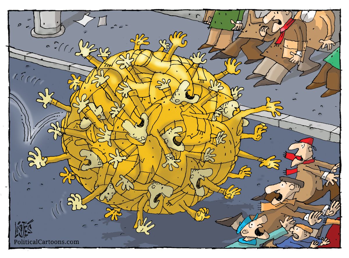 Editorial Cartoon World Coronavirus COVID-19 pandemic rolling virus ...