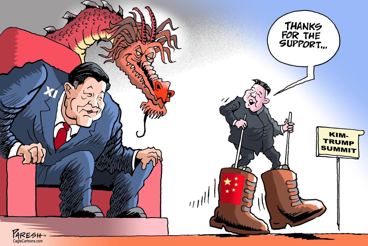 Political cartoon U.S. Kim Jong Un Trump meeting Xi Jinping Chinese ...