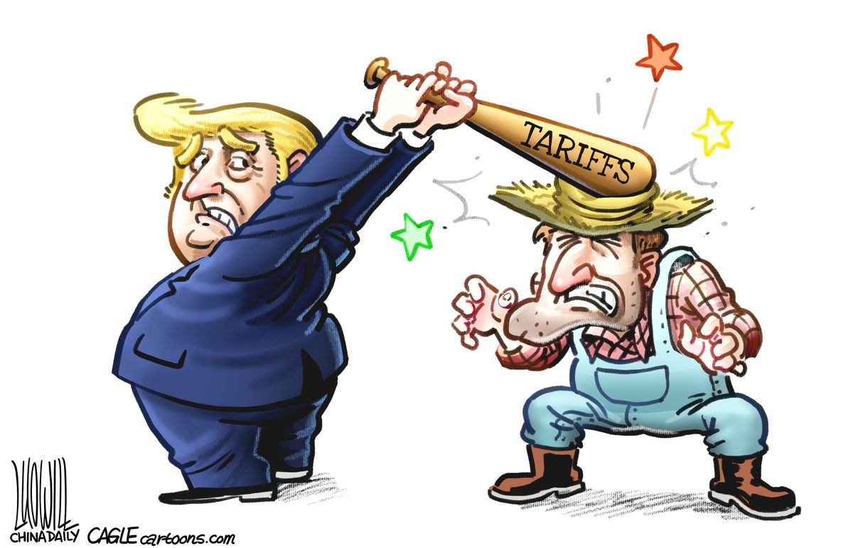 Political cartoon U.S. Trump trade war tariffs farmers | The Week
