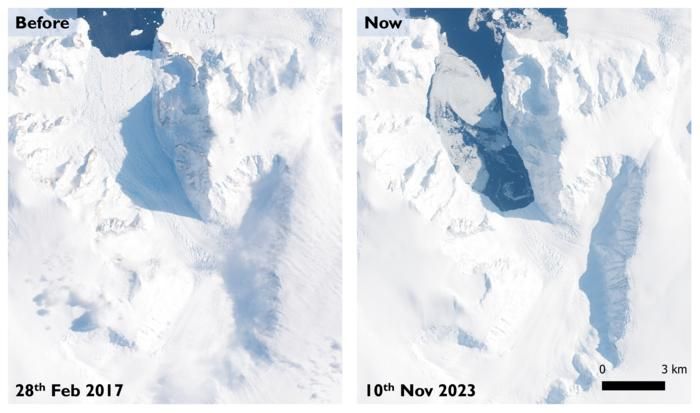 This Antarctic glacier dramatically retreated., then, its ice shelf totally collapsed. | Space