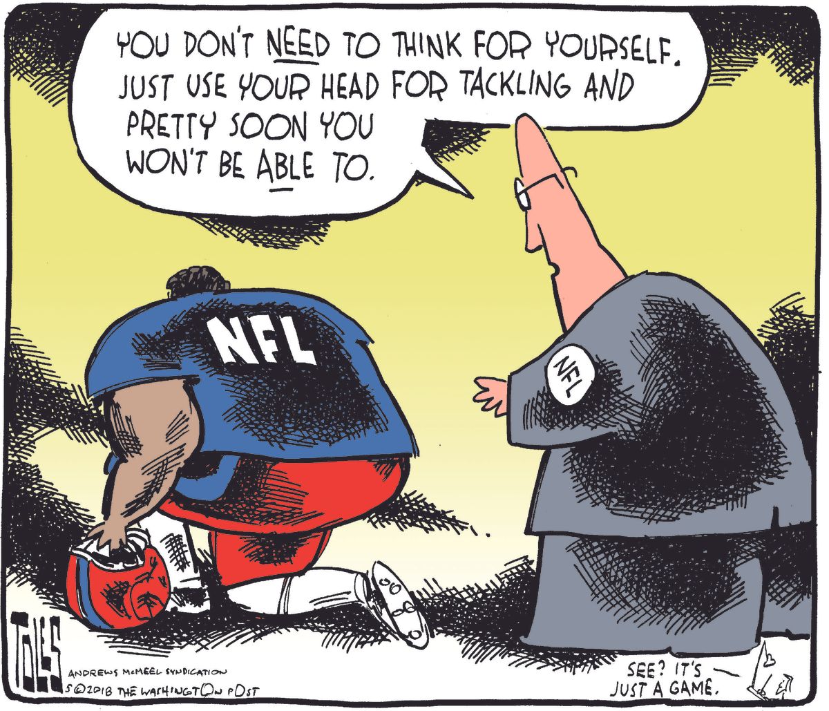 Editorial cartoon US NFL concussion national anthem kneeling head ...