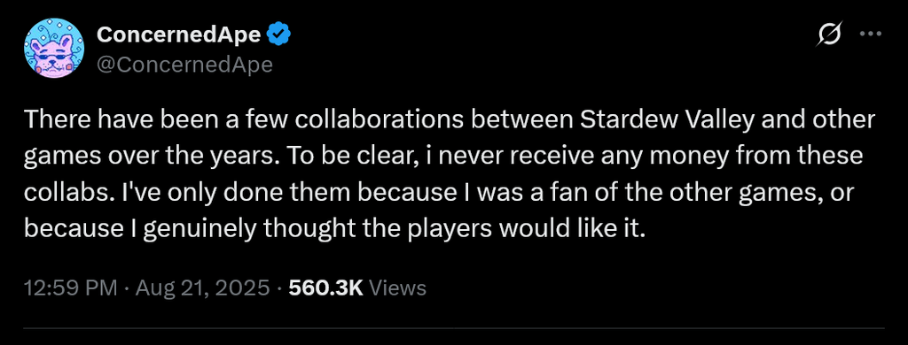 Eric Barone says he doesn't get paid for Stardew Valley collabs, and ...