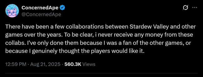 Eric Barone says he doesn't get paid for Stardew Valley collabs, and ...