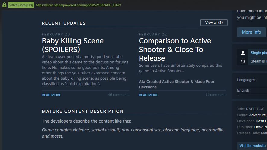 Steam is currently listing a game called Rape Day in which you play as ...