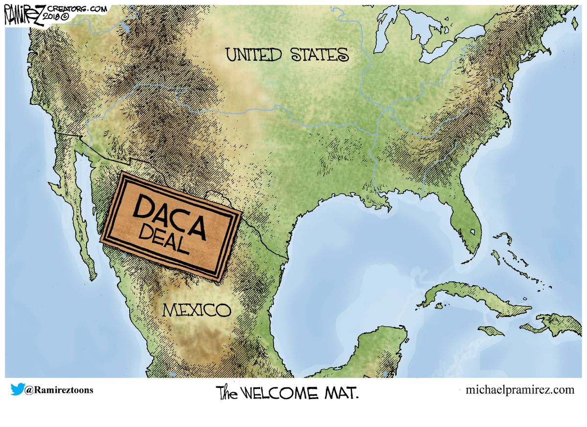 Political cartoon U.S. DACA Mexico United States border welcome mat ...