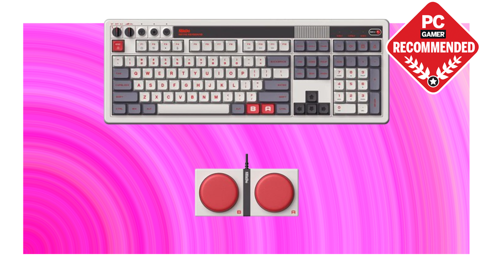 I use this retro-themed gaming keyboard with two big red programmable ...