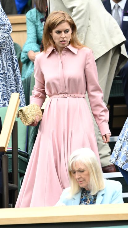 Princess Beatrice’s dusky pink shirt dress and raffia clutch | Woman & Home