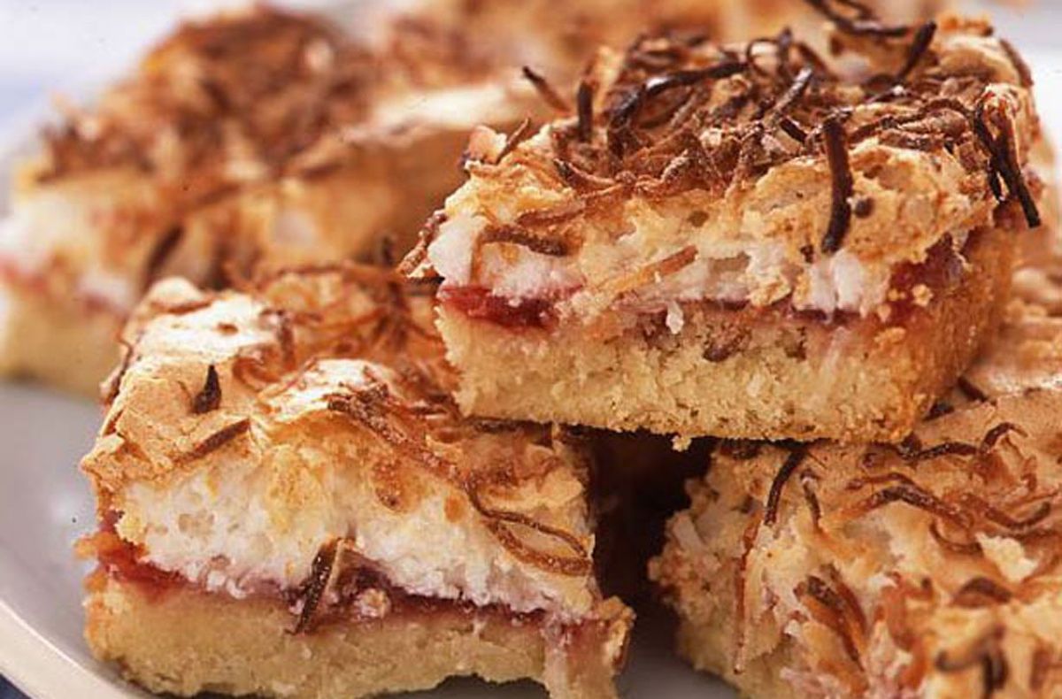 Shredded coconut mallow and jam squares | Dessert Recipes | GoodtoKnow