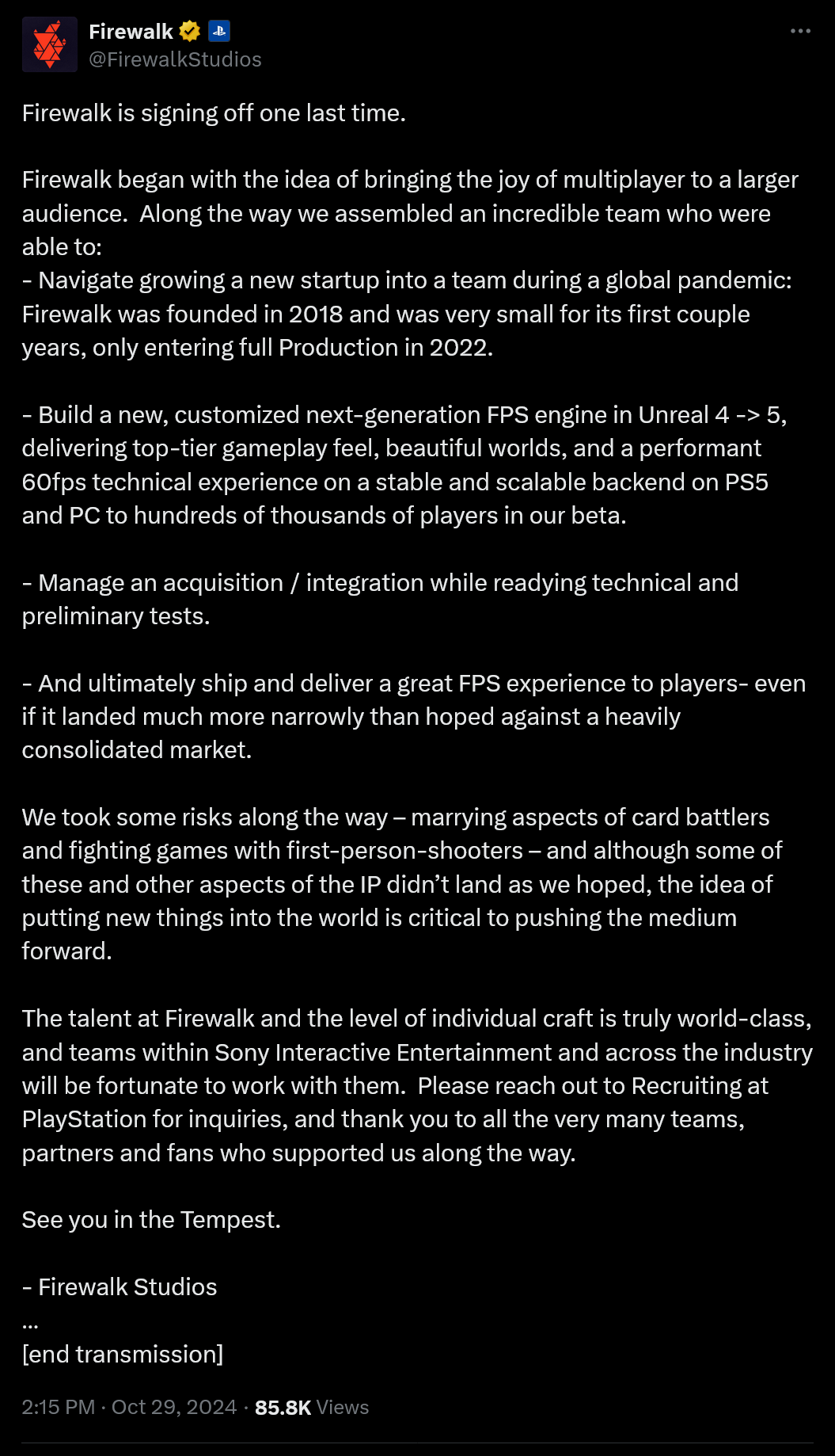 Concord isn't coming back, and the developer is done for too: Sony says ...