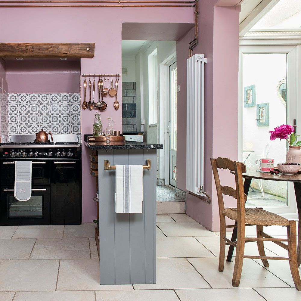 Kitchen makeover with pink walls, grey units and vintage furniture ...